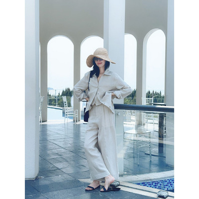 亚麻套装女宽松休闲衬衫阔腿裤