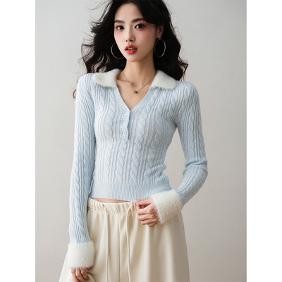 韩系毛绒翻领麻花纹针织衫2025秋