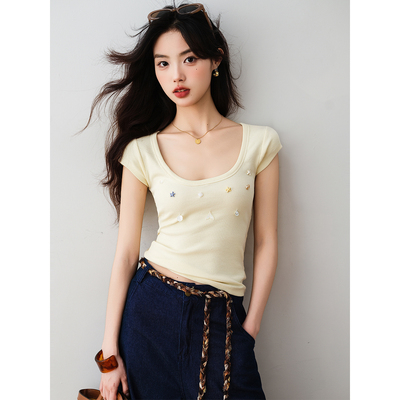 设计感海星装饰修身显瘦针织短袖