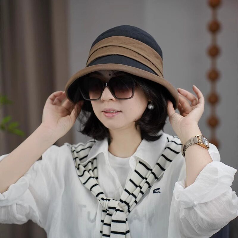 赫本风优雅拼接渔夫帽女夏季户外出游防晒遮阳帽子撞色显脸小盆帽