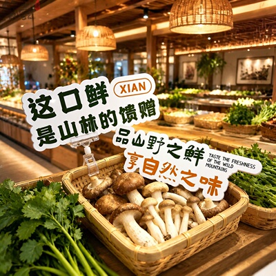 山野风土菜馆店铺山野之鲜新鲜菌子蔬菜雪弗板pvc展示手举牌广告