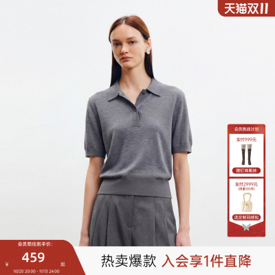 MISSCOCOON可可尼C3系列灰色羊毛短袖25年秋冬款POLO针织上衣女