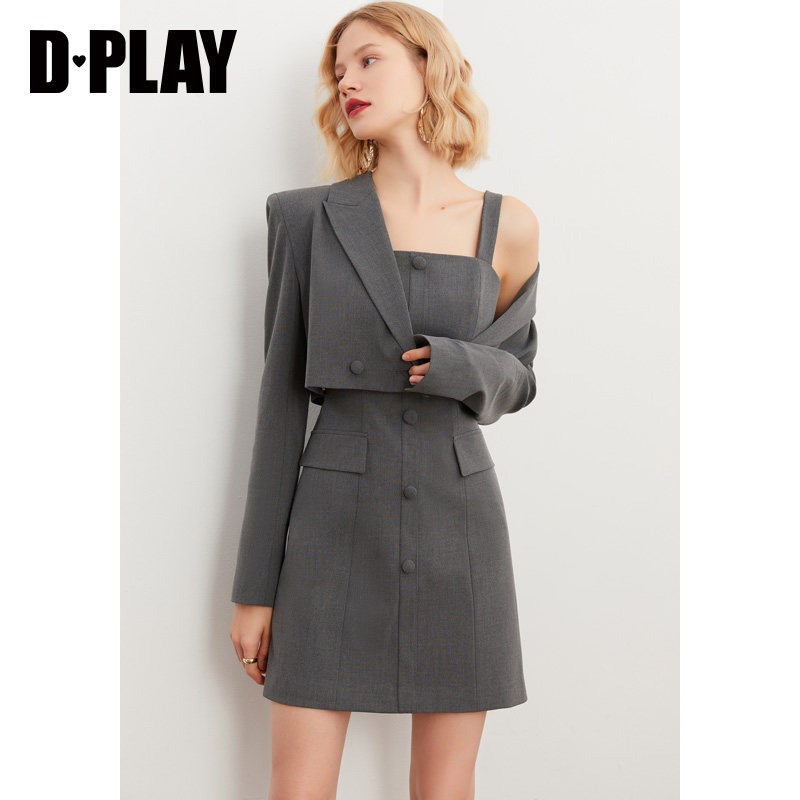 DPLAY春季复古职场灰色西装套装女短款小个子外套高腰半身裙