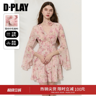 DPLAY粉色连衣裙女印花复古收腰气质法式小资连衣裙短裙2026春季