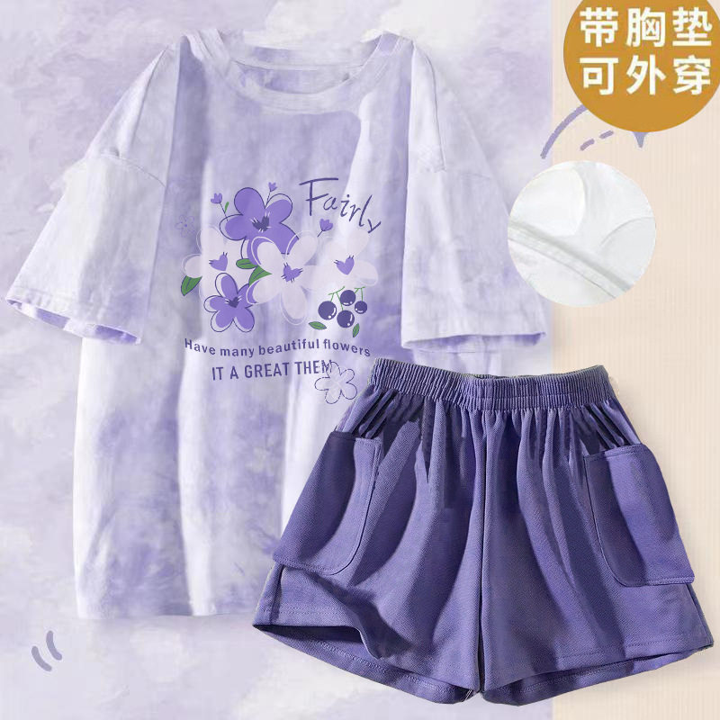 美梦纯棉睡衣女春夏季短袖短裤两件套装带胸垫甜美套头大码家居服