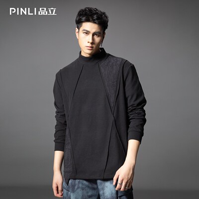PINLI品立2025秋季新款半高领宽松长袖T恤男潮牌分割设计休闲上衣
