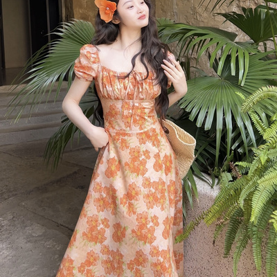 乔与乔伊 金盏菊 法式茶歇橙色棉花色连衣裙