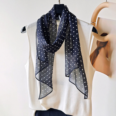 真丝丝巾小长条女百搭春秋薄款波点窄100%桑蚕丝围巾长款纯色纱巾