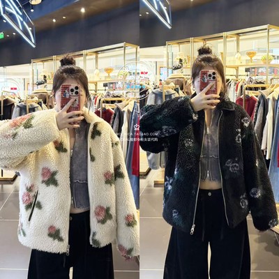 MOUSSY日系复古毛绒花朵棉服外套