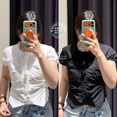 特价 SLY代购 26夏 荷叶边修身蝴蝶结短袖衬衫上衣038JSZ30-1004