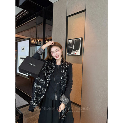 钱美西 16针双股60支羊毛 拼接碎花长袖针织衫开衫修身显瘦上衣女