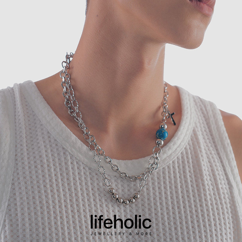 lifeholic原创元素之心帝王石十字架拼接钛钢项链酷宝石小众ins_虎窝淘