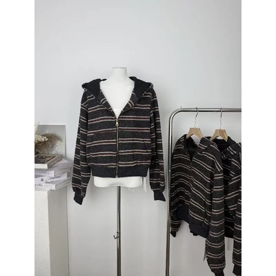 ASHENONLINE 野莓甜甜圈 美式复古条纹卫衣设计感连帽外套开衫女