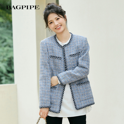 风笛2025春季新款气质小香风外套女圆领撞色宽松休闲长款外套