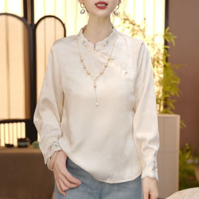 秋季暗纹提花刺绣长袖内搭上衣时尚国风女装洋气中年精致女衬衫