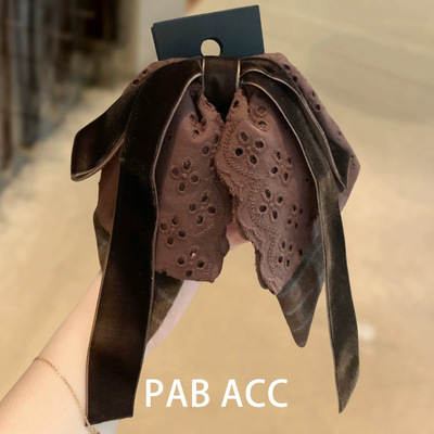 黑巧复古美拉德镂空蕾丝蝴蝶结马尾抓夹子丝带飘带盘发抓发饰