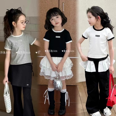 童乐鱼2025夏8723新款简约撞色边短袖T恤中大童女童可亲子任