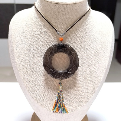 D194# 天然冰种黑曜石双面雕貔貅圆环吊坠 大挂件45.5*10.3mm