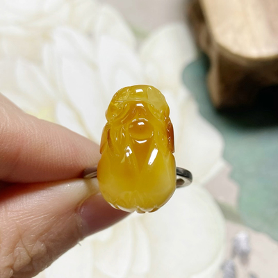 ML03017号天然无优化俄料蜜蜡满蜡俏色貔貅纯银开口戒指一图一物