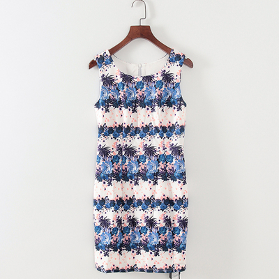 品牌系列 夏季新款专柜女装库存折扣无袖印花修身连衣裙F1424A