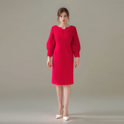 与凤行 红黑战力足大气质中长连衣裙修身收腰灯笼袖淑女名媛春秋