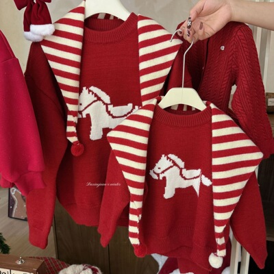 亲子装一家四口马年红色披肩毛衣2026新款本命年服男女童小马上衣