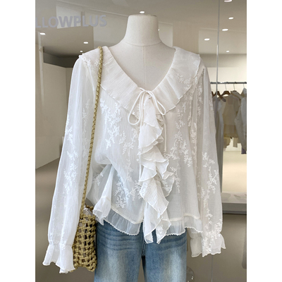 气质优雅荷叶V领肌理感雪纺衬衫