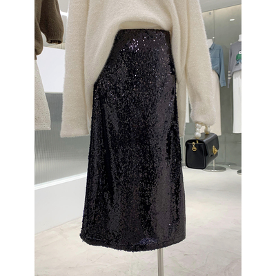法式高级感黑色开叉亮片半身裙