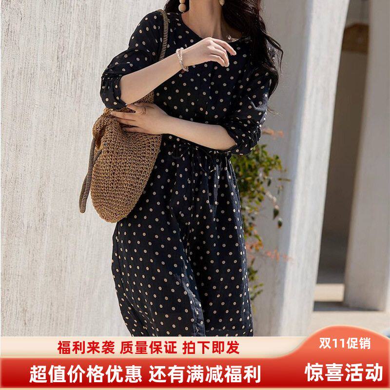 波点苎麻中长款裙子 高级感气质连衣裙 圆领中袖茶歇法式夏季女装