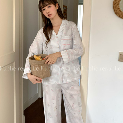 Public republic韩国春秋纯棉少女花朵竖条纹开衫翻领家居服睡衣