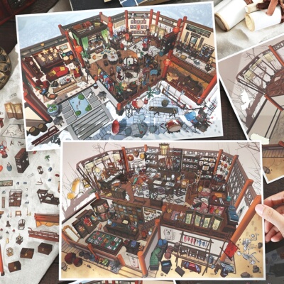 兽面匠梨园班主轴侧俯视3D立体高难度造景场景贴纸微缩手工解压贴