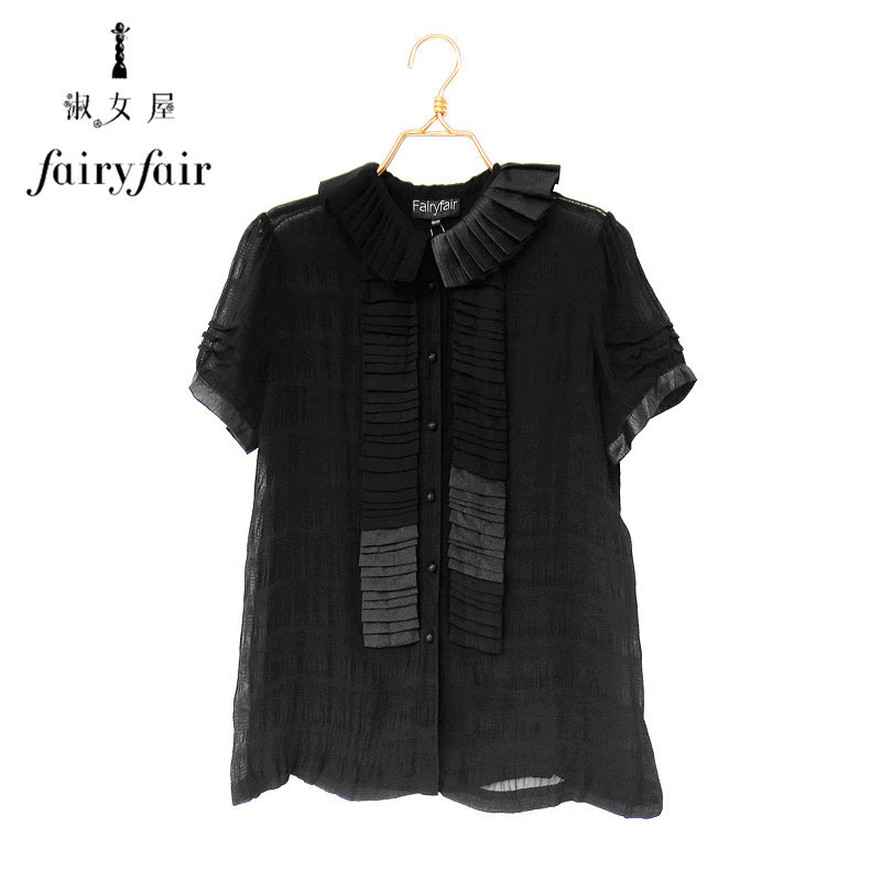 夏款 FAIRYFAIR 专柜正品 黑色荷叶边经典雪纺短袖衬衫