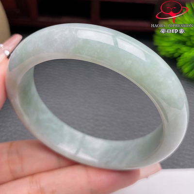 豪8印象S126010Y457翡翠手镯圈口53.3天然缅甸淡绿玉手镯a货53g