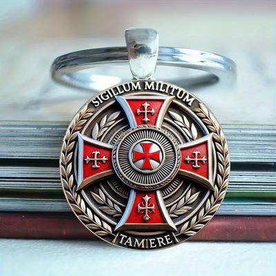 跨境新款帅气的红十字骑士图案圆形玻璃合金钥匙扣挂件挂饰小礼物