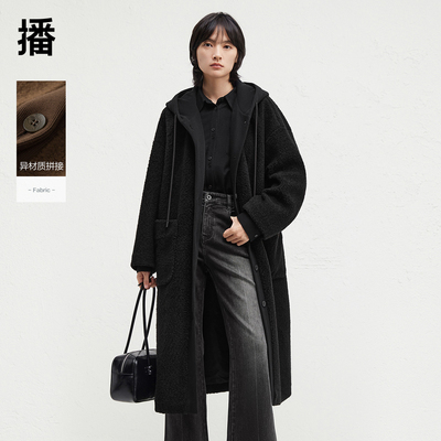 播慵懒风宽松休闲连帽异质拼接长款冬季新款毛呢外套女DDR4WD5188