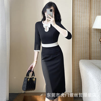 2527气质法式连衣裙撞色蝴蝶结秋季通勤包臀裙-标价不得低于238