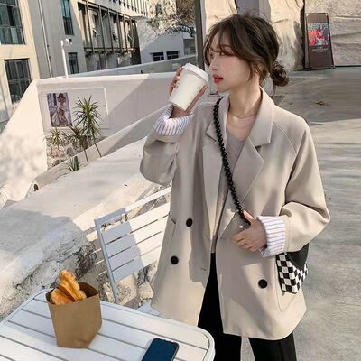 2026春秋新款韩版中长款双排扣休闲小西服chic宽松撞色西装外套女