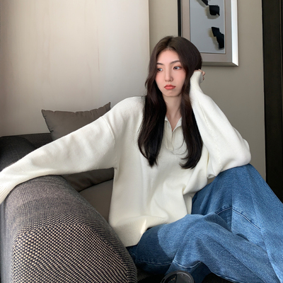 v领polo毛衣女宽松套头针织上衣