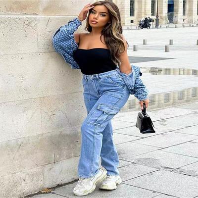 Working Women's Website Hot Sale Multi-pocket Denim Wide-leg