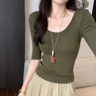Simple Solid lor Three-quarter Sleeve U-neck T-shirt Women’