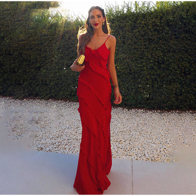 Chiffon Vacation Long Dress Sexy Strap Backless Split Ruffle