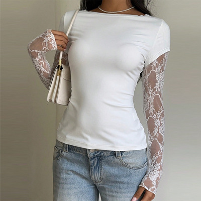 Women's Lace Spliced T-shirt 2026 Sexy Slim Fit