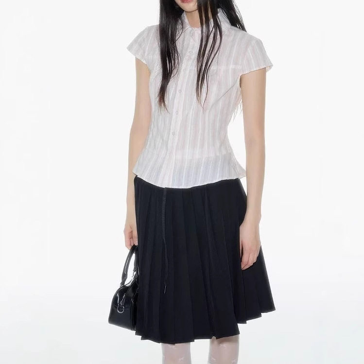 Onthereverse Sweet Girly Versatile Striped Turn-down Collar