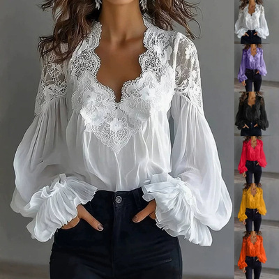 Women's 2026 Lace Stitching Bubble Sleeve Pleat Top