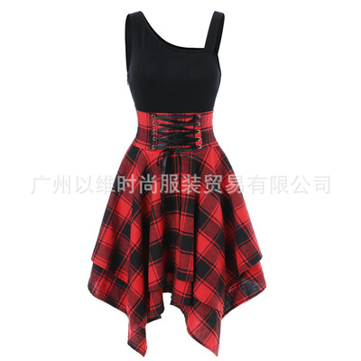 2025 Fashion Plaid Suspender Elastic Waist Irregular Plaid D