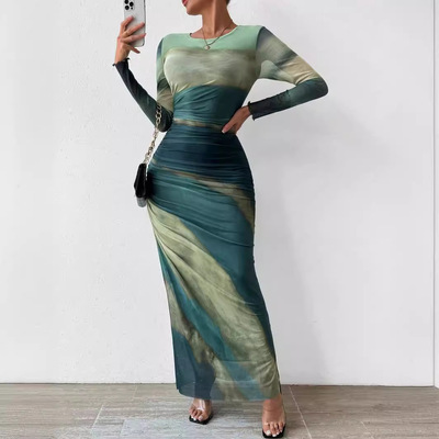 Spot 2026 Fashion Mesh Printing Pleat Sexy Tight Round Neck