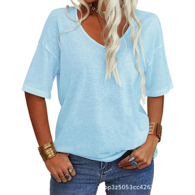 Women's V-neck Half-sleeve Loose Casual Solid lor Basic T-sh