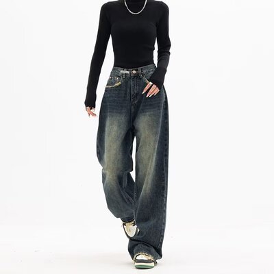 Female High-waist Slim Straight-leg Loose American Retro Hig