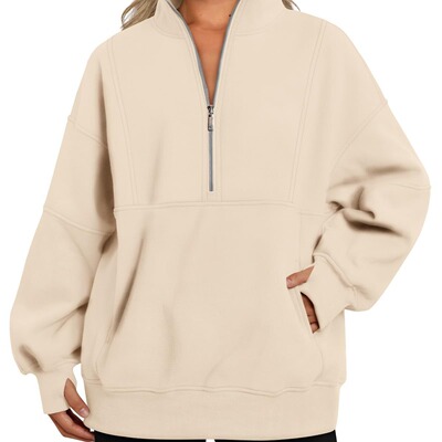 2026 Women's Pocket Half Zipper Loose Casual Stitching Fleec