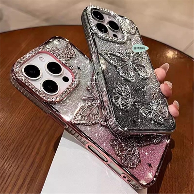 Women Girl's Diamond Butterfly Phone Case for iPhone  cover 16 17 12 13 14 15ProMax Plus Plating适用